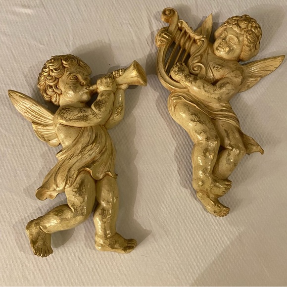 Wall Decor | Gold Cherub Wall Decor Set Gold Gilt Playing Instruments ...